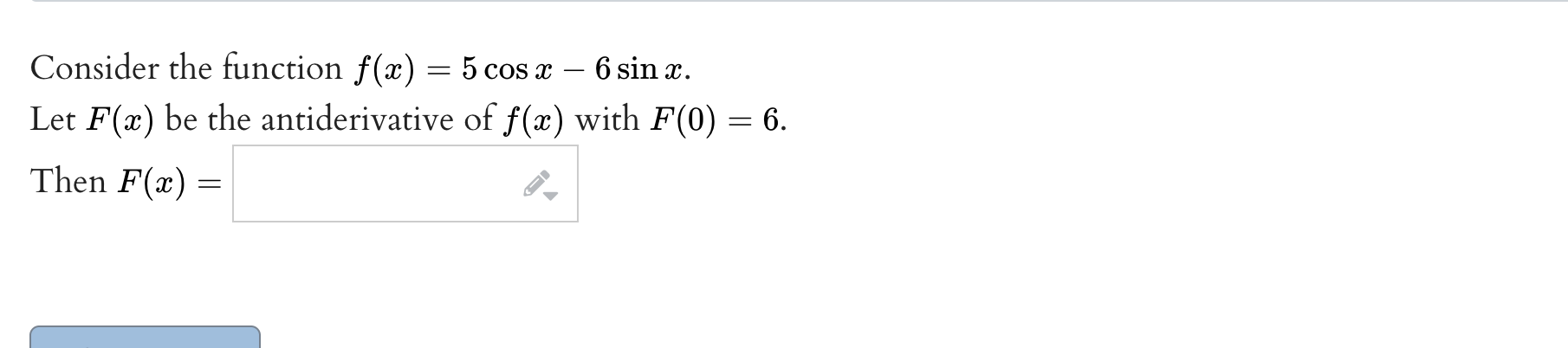 Solved 5 (1 point) Let f(x) 6ex. Enter an antiderivative of | Chegg.com