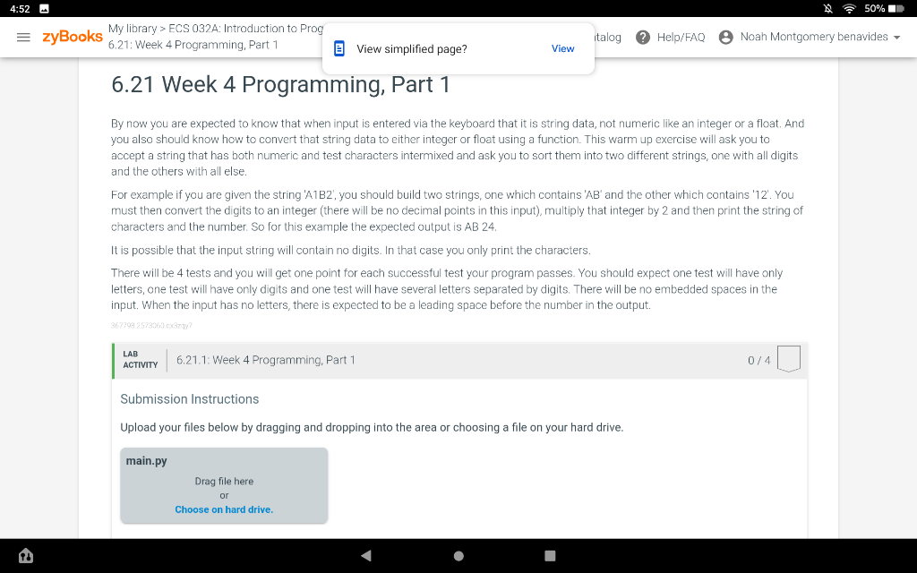Solved 及 50% 4:52 - = zyBooks My library > ECS 032A: | Chegg.com