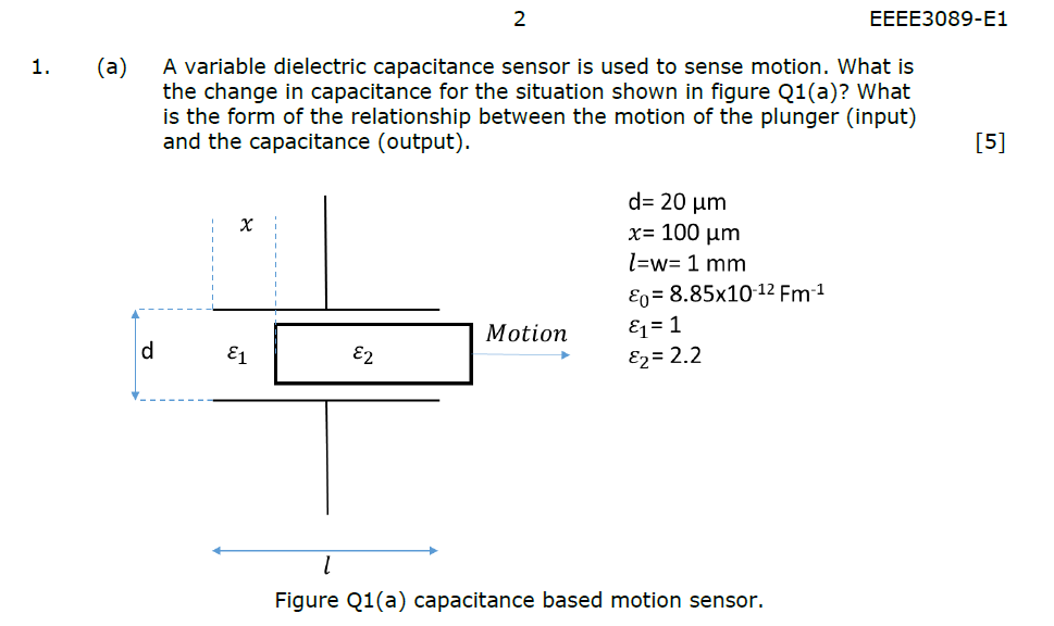 Solved 1. 2 (a) A variable dielectric capacitance sensor is | Chegg.com