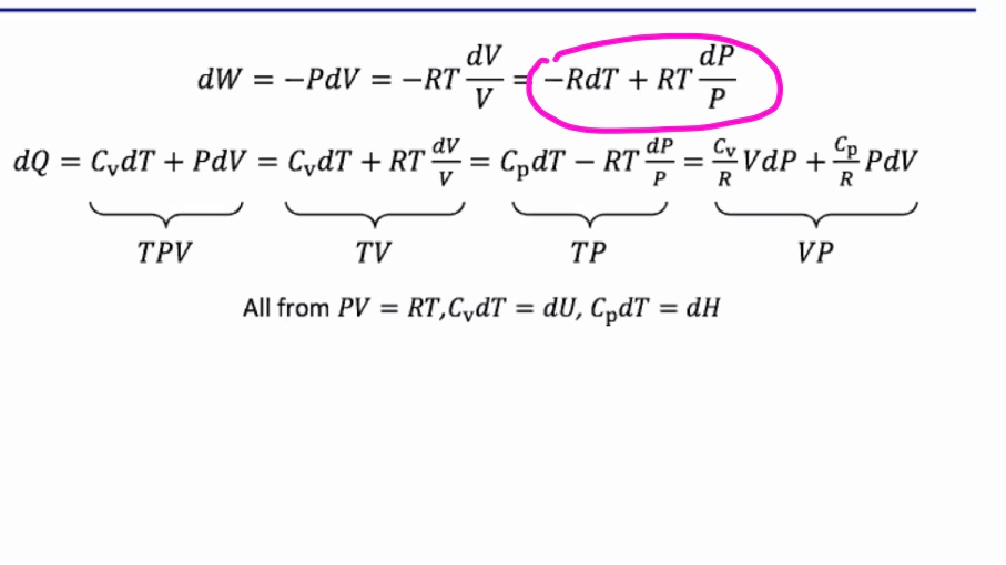 Solved dV dW = -PdV = -RT- V dP -RDT + RT + P dQ = Cydt + | Chegg.com