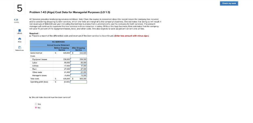 Solved Problem 1-43 (Algo) Cost Data for Managerial Purposes | Chegg.com