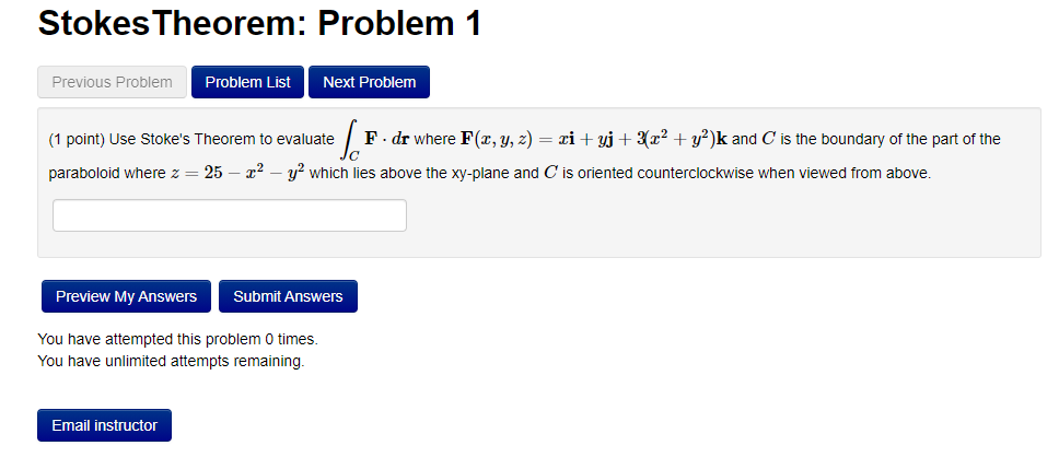 Solved Stokes Theorem: Problem 1 Previous Problem Problem | Chegg.com