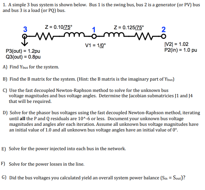Solved 1. A simple 3 bus system is shown below. Bus 1 is the | Chegg.com