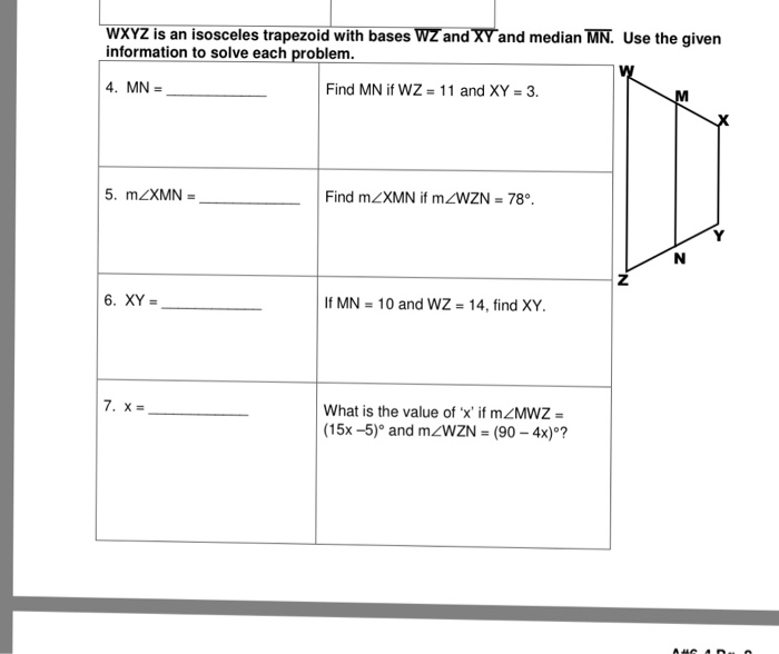 Solved WXYZ is an isosceles trapezoid with bases WZ and XY | Chegg.com