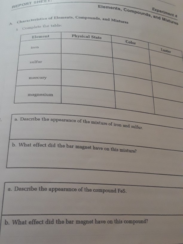 Solved ents, Compounds, and Mixtures Experiment 4 REPORT | Chegg.com