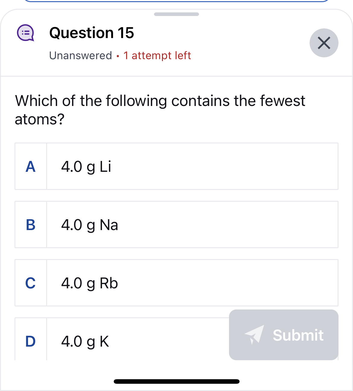 Solved Which of the following contains the fewest atoms? B | Chegg.com