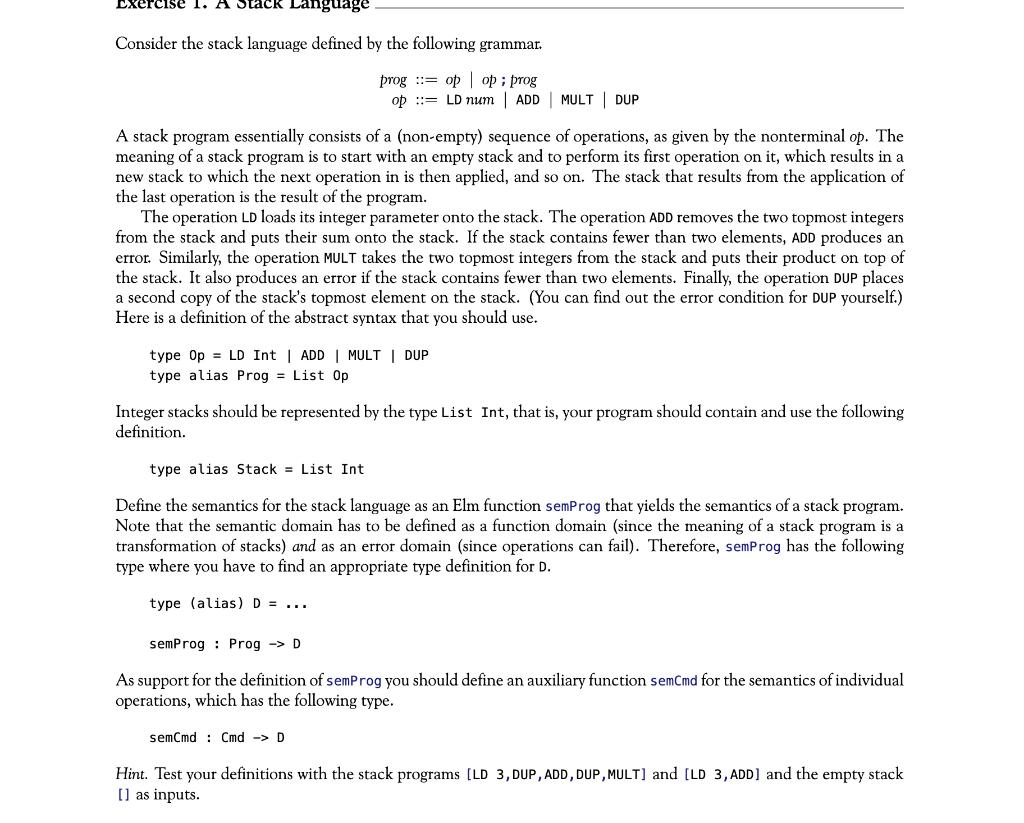 Lxercise 1. A Stack Language Consider the stack | Chegg.com