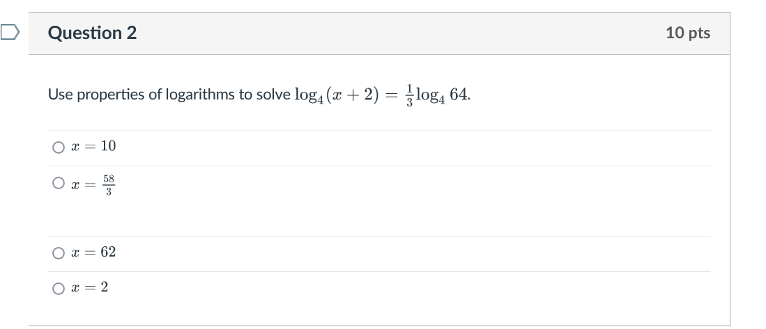 Solved Question 2 10 pts Use properties of logarithms to | Chegg.com