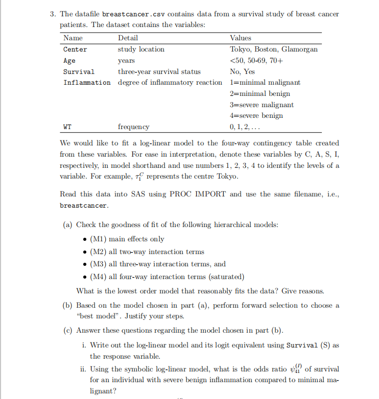 3. The datafile breast cancer.csv contains data from | Chegg.com