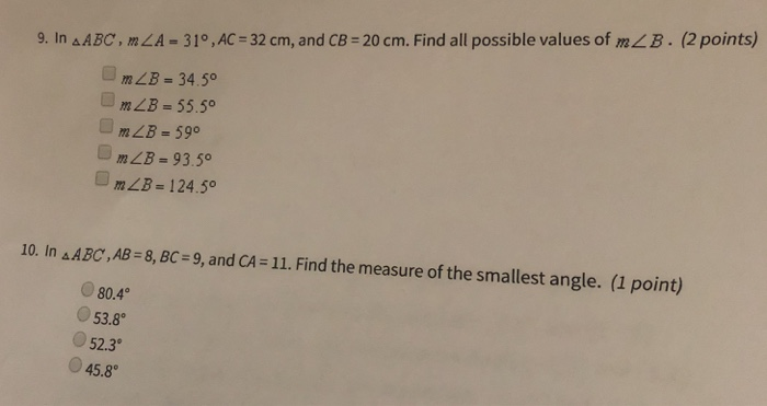 Solved 9. In &ABC, m LA-31°,AC 32 cm, and CB 20 cm. Find all | Chegg.com