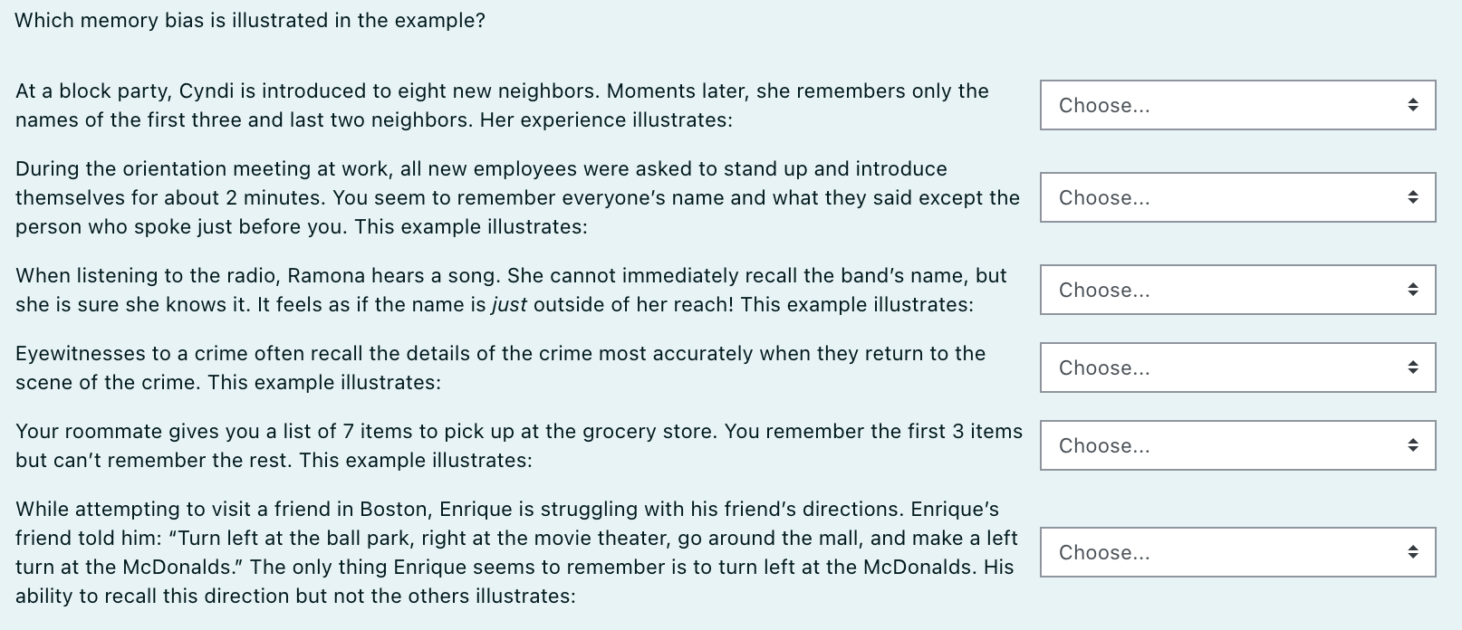 Solved Which memory bias is illustrated in the example? At a | Chegg.com