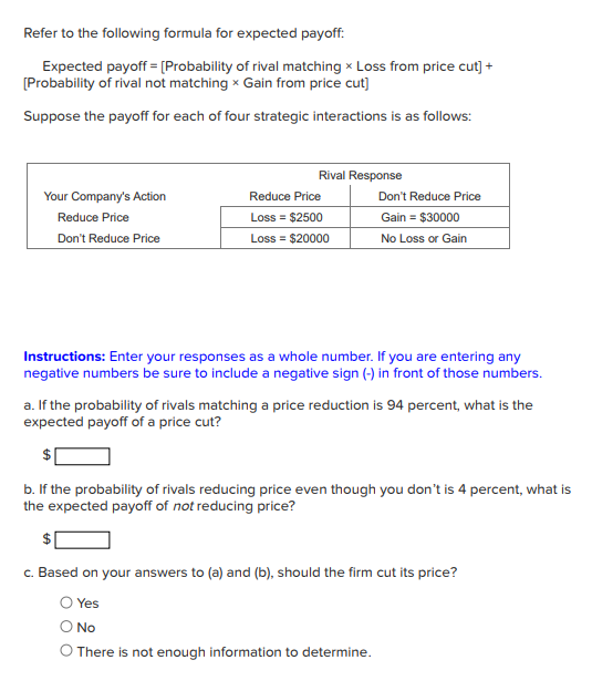 Solved Refer to the following formula for expected payoff: | Chegg.com