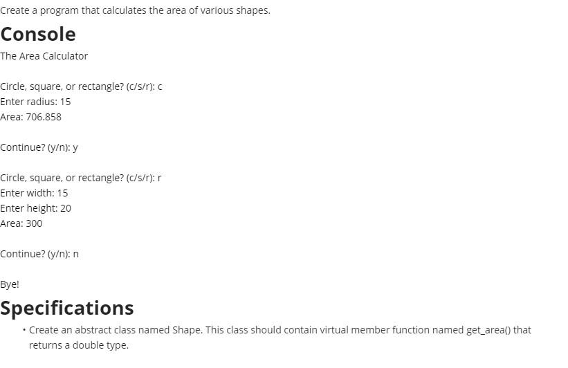 Solved Create a program that calculates the area of various | Chegg.com