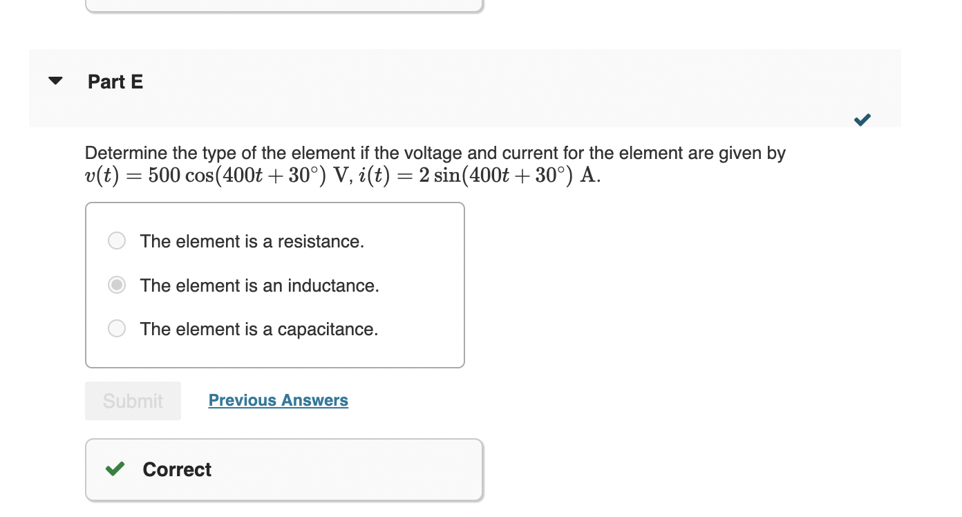 Solved Determine the type of the element if the voltage and | Chegg.com