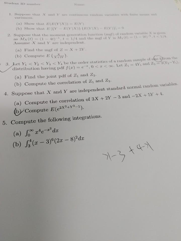 Solved Student ID number Varice 1. Suppose that X dy ne | Chegg.com