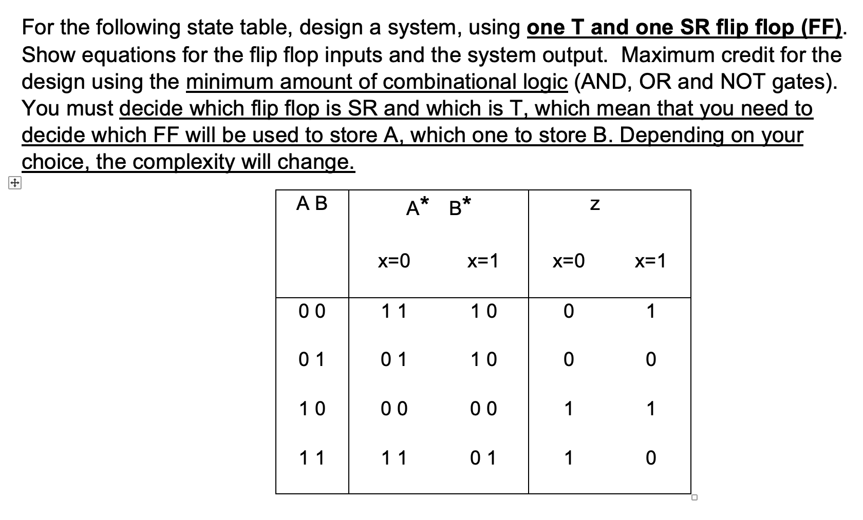 Solved For the following state table, design a system, using | Chegg.com