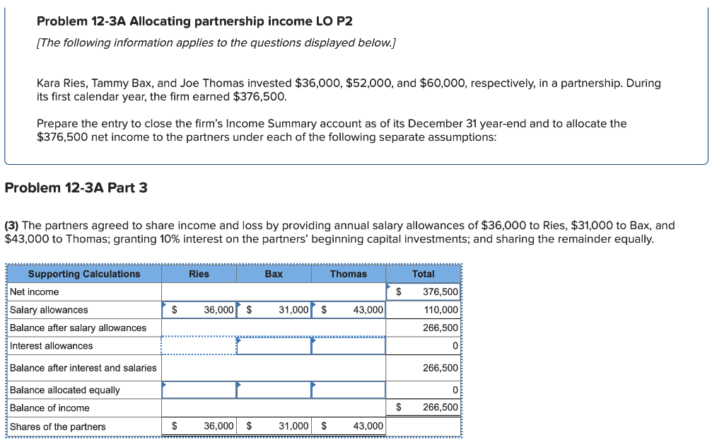 Solved Problem 12-3A Allocating partnership income LO P2 | Chegg.com