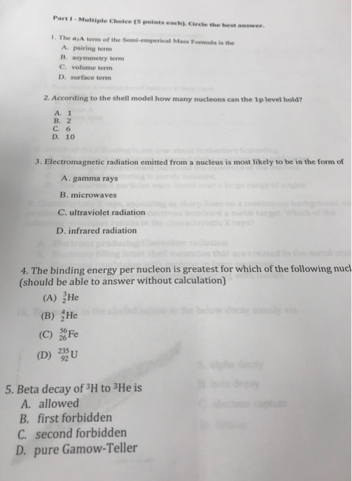 Solved Part I - Multiple Choice (5 points each). Cirele the | Chegg.com