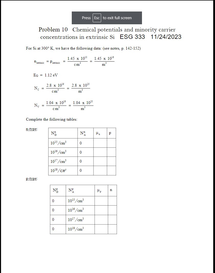 Solved Problem 10 ﻿Chemical potentials and minority | Chegg.com