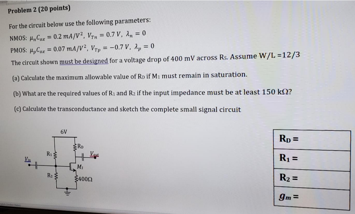 Solved Problem 2 (20 points) For the circuit below use the | Chegg.com