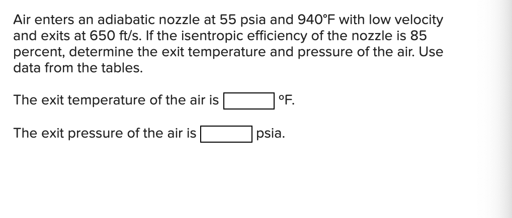 Solved Air enters an adiabatic nozzle at 55 psia and 940°F | Chegg.com