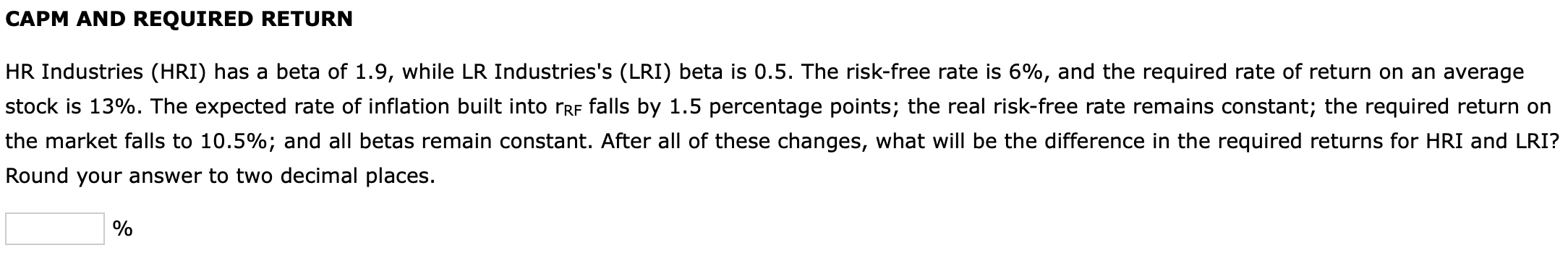 Solved CAPM AND REQUIRED RETURN HR Industries (HRI) has a | Chegg.com