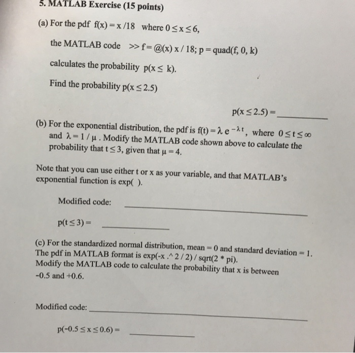 Solved .MATLAB Exercise (15 points) (a) For the pdf fx)-x/18 | Chegg.com
