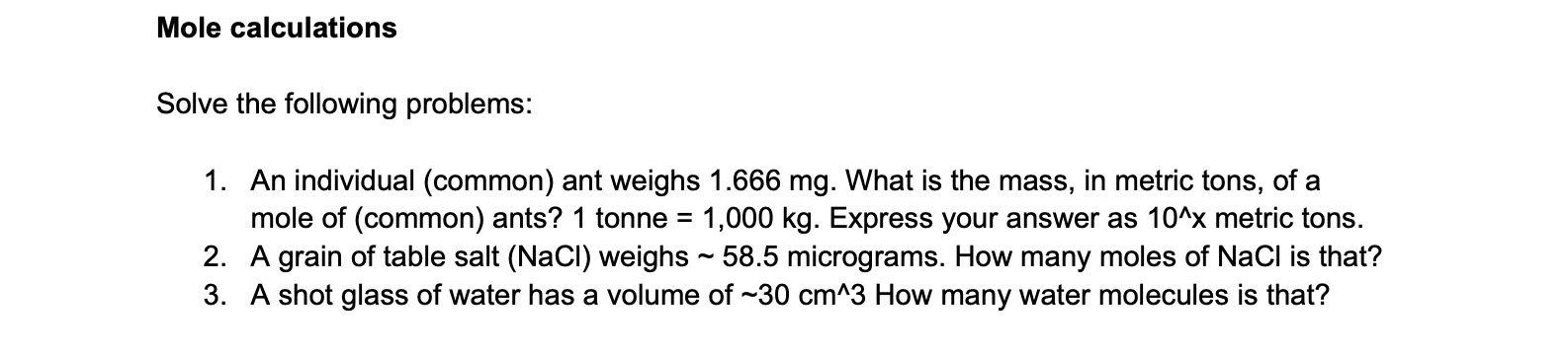 Solved Mole calculations Solve the following problems: 1. An | Chegg.com