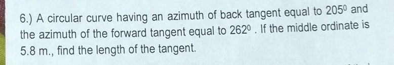Solved 6.) A circular curve having an azimuth of back | Chegg.com