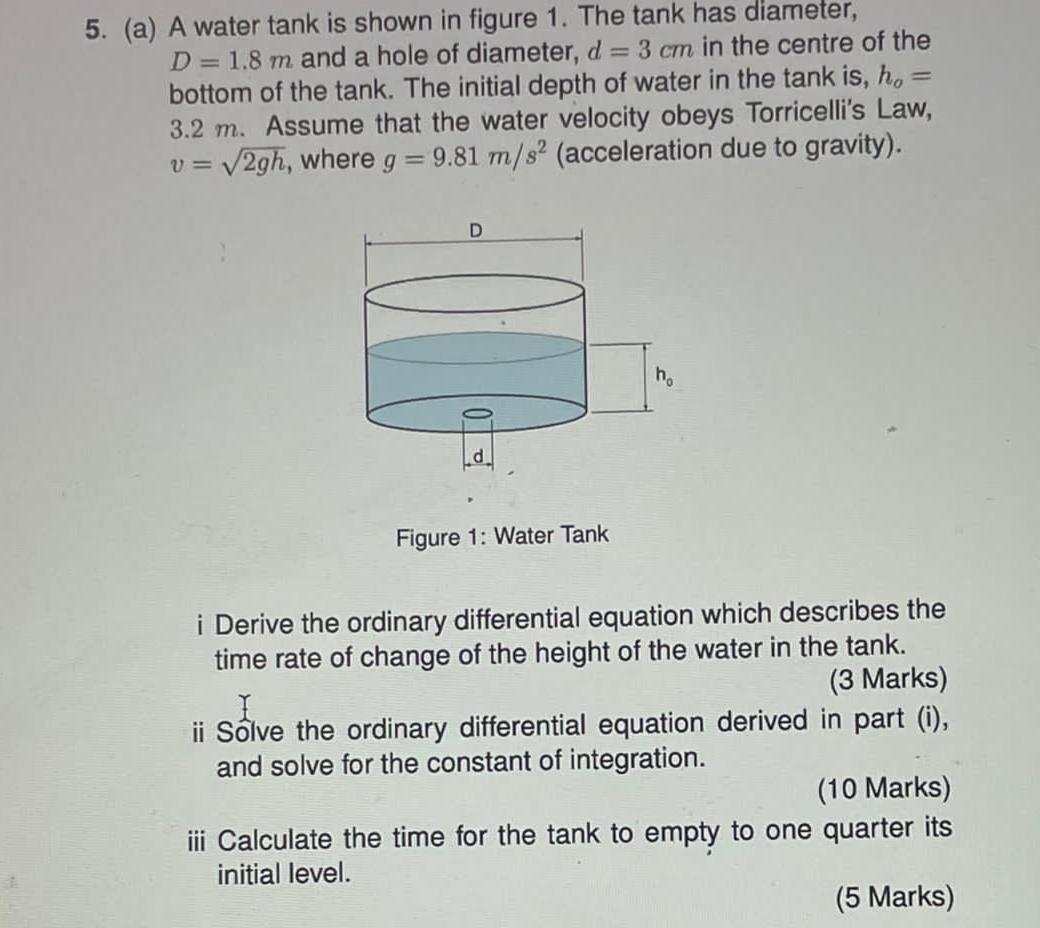 Solved 5. (a) A water tank is shown in figure 1. The tank | Chegg.com