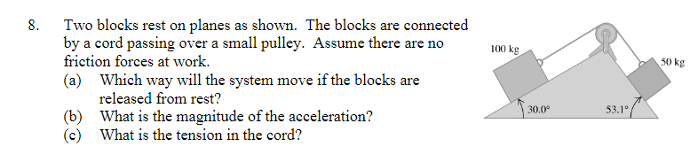 Solved 8. 100 kg 50 kg Two blocks rest on planes as shown. | Chegg.com