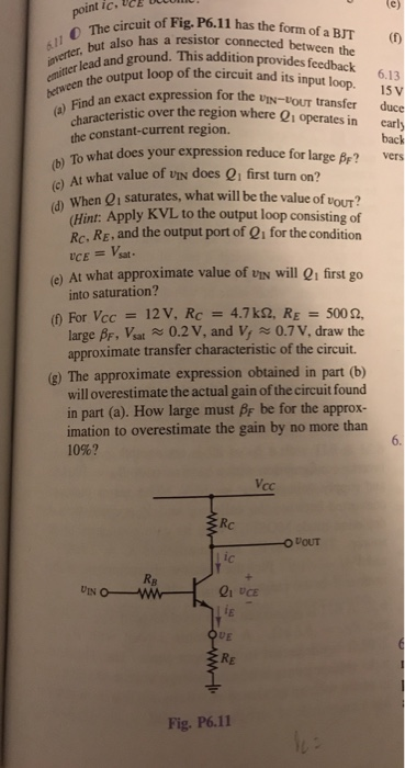 Solved nt ic, UCE bucomo, e) ecircuit of Fig. P6.11 has the | Chegg.com