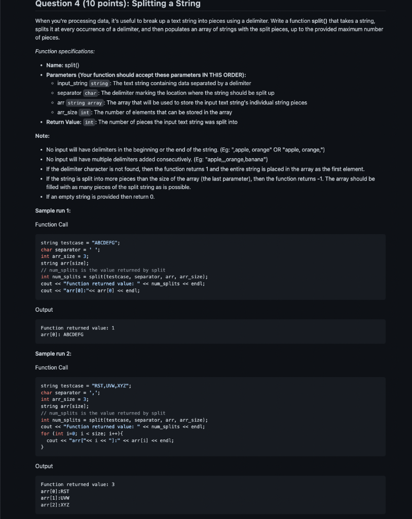 Solved Question 4 (10 points): Splitting a String When | Chegg.com