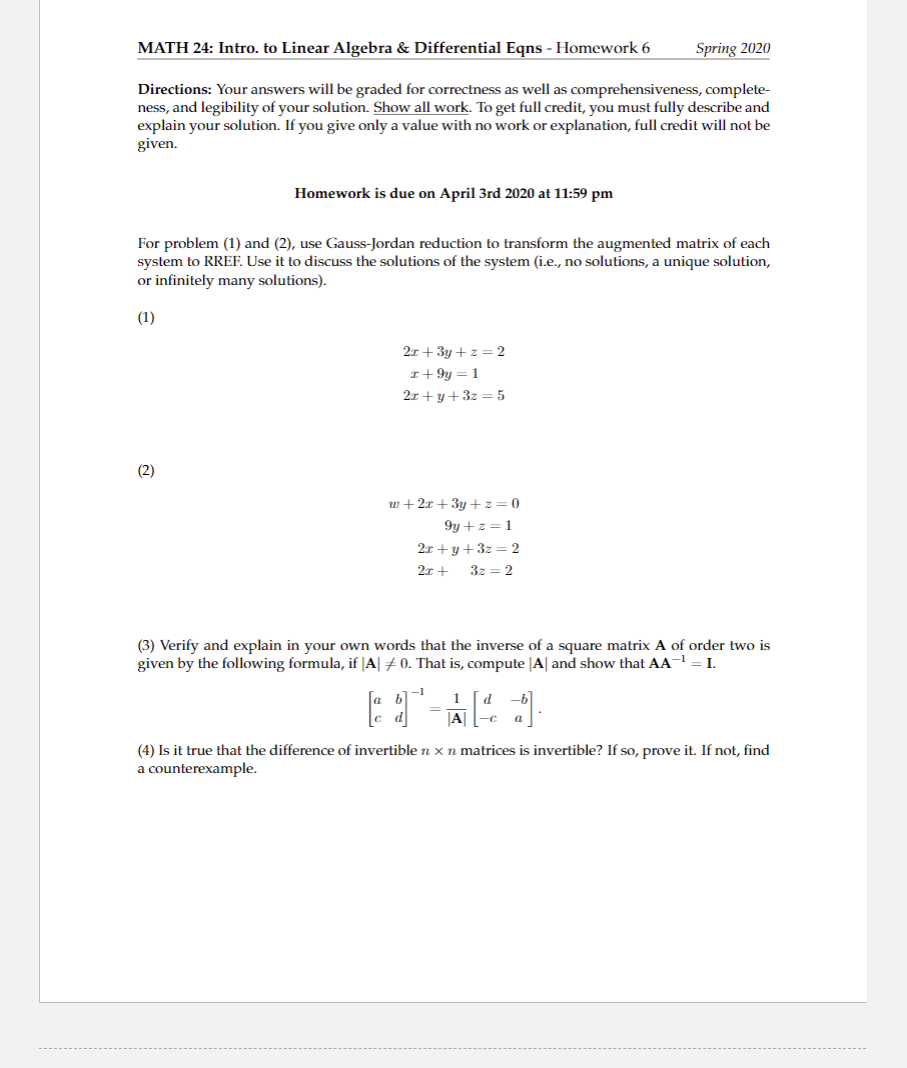 Solved MATH 24: Intro. to Linear Algebra & Differential Eqns | Chegg.com
