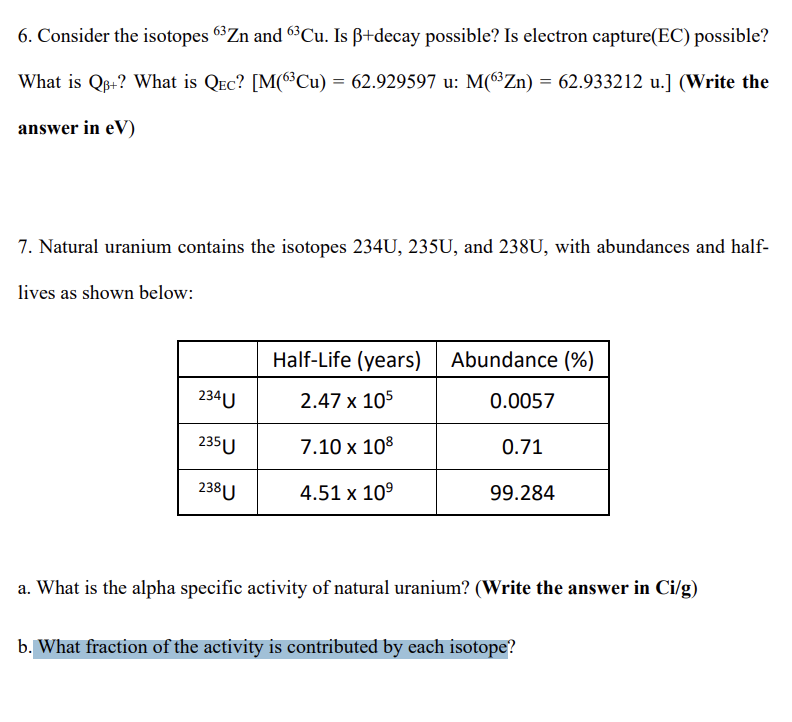 Solved Natural uranium contains the isotopes 234U, 235U, and | Chegg.com