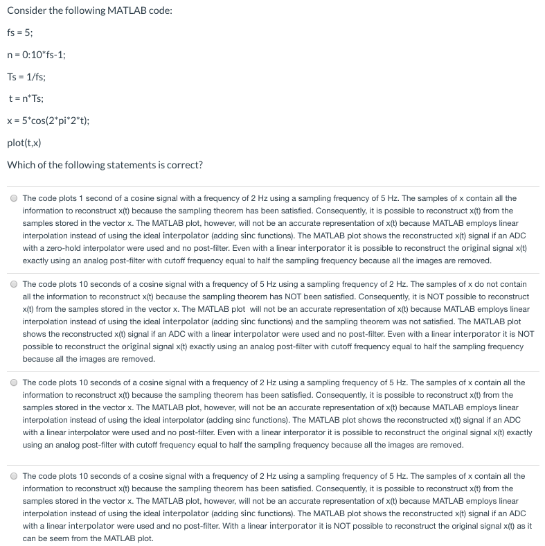Solved Consider the following MATLAB code: fs = 5; | Chegg.com