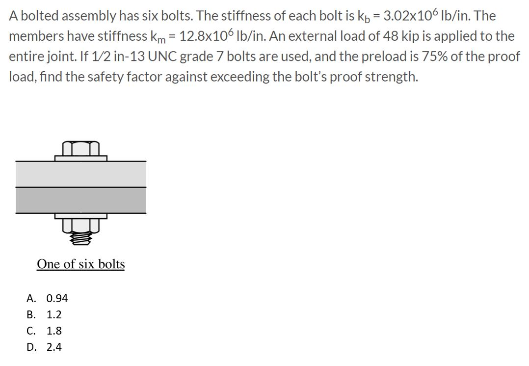 Solved A bolted assembly has six bolts. The stiffness of | Chegg.com
