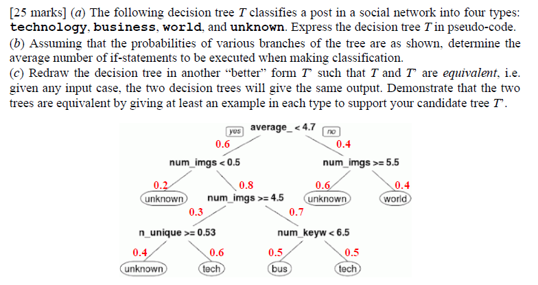 Solved yes no [25 marks] (a) The following decision tree T | Chegg.com