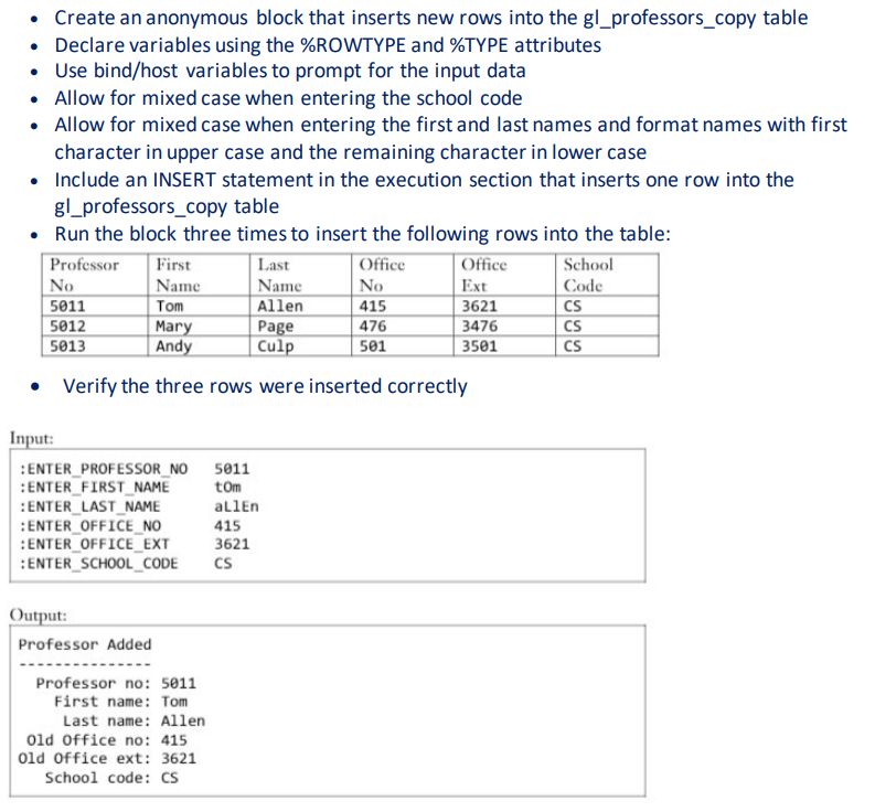 Solved - Create an anonymous block that inserts new rows | Chegg.com
