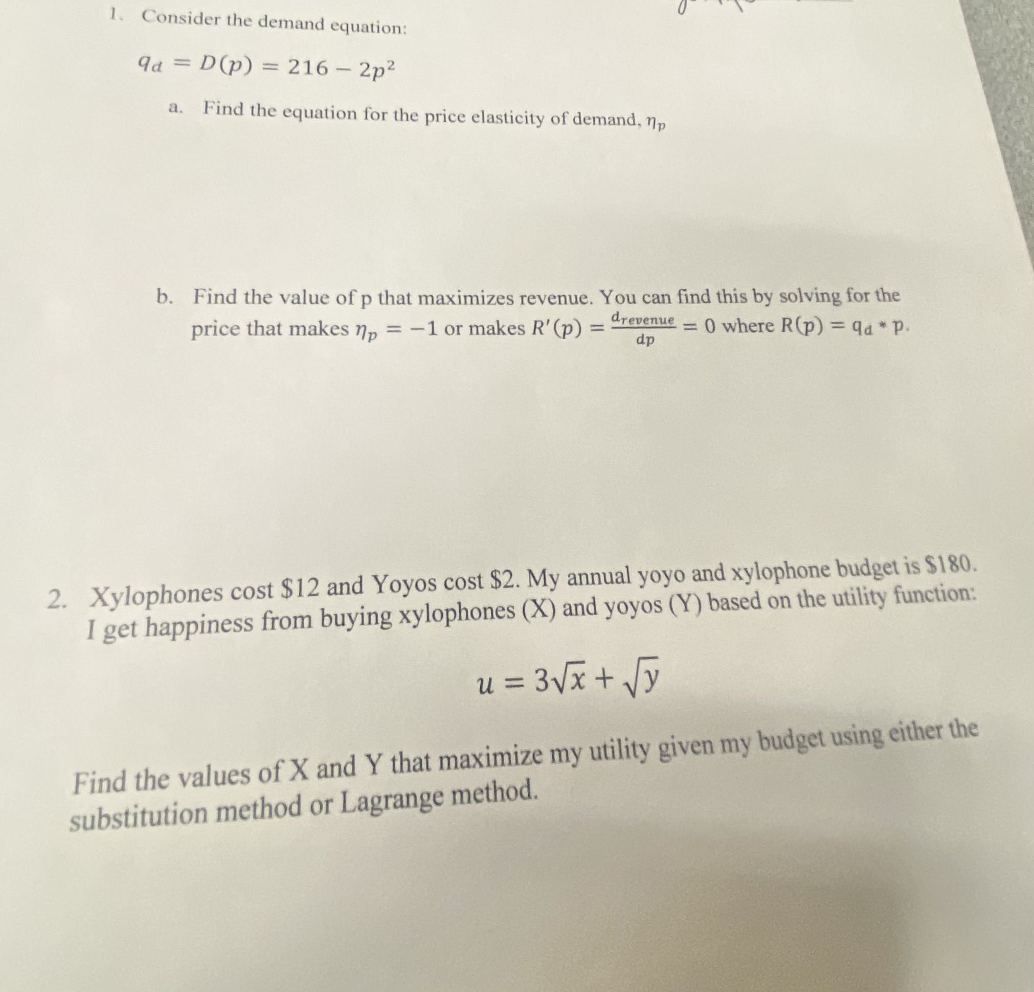 Solved Consider the demand equation:qd=D(p)=216-2p2a. ﻿Find | Chegg.com