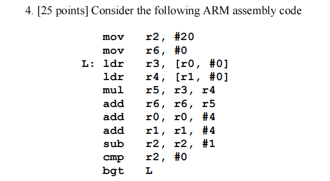 Solved 4. [25 points] Consider the following ARM assembly | Chegg.com