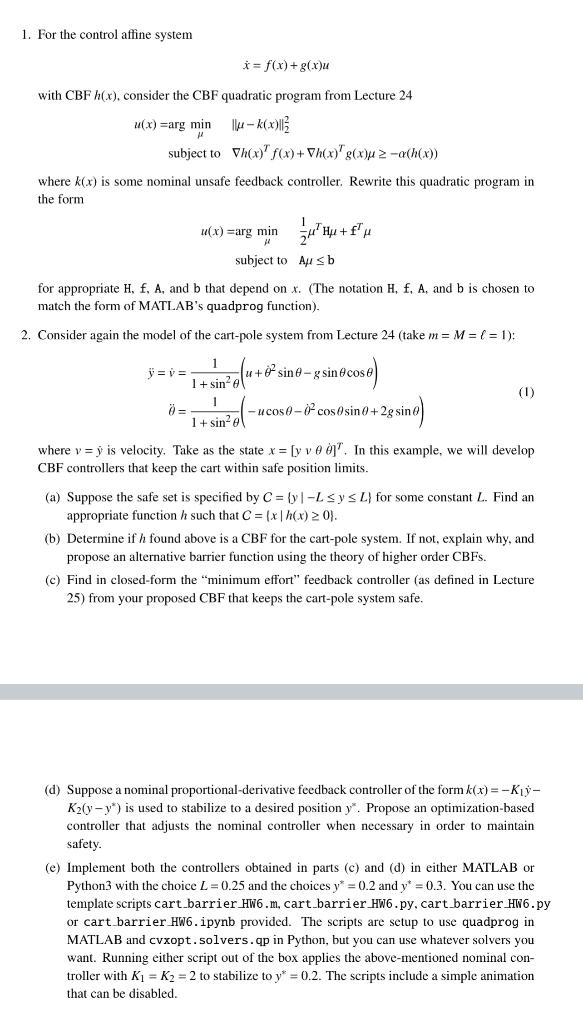 1. For the control affine system i= f(x) + g(x) with | Chegg.com