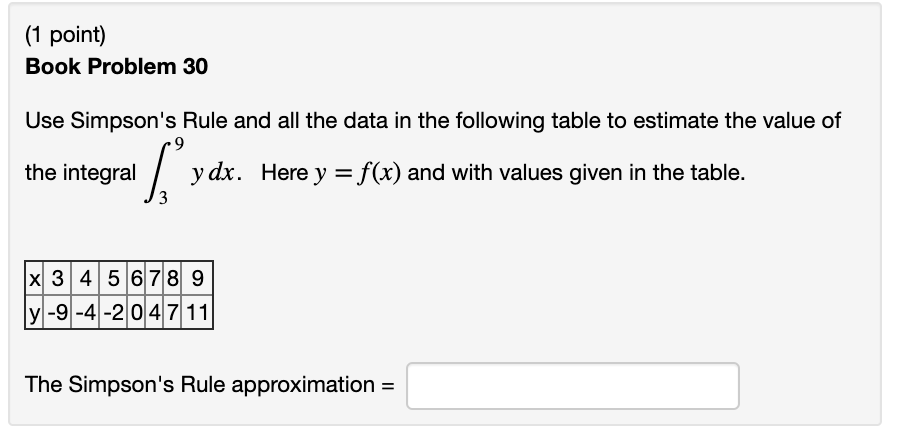 Solved (1 point) Book Problem 30 Use Simpson's Rule and all | Chegg.com