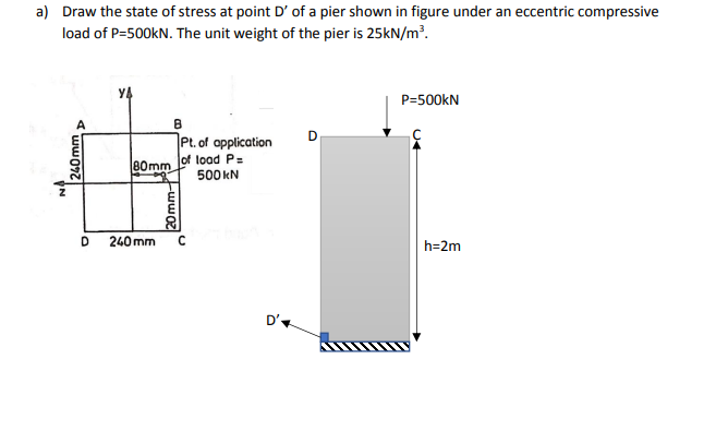 Solved a) Draw the state of stress at point D' of a pier | Chegg.com
