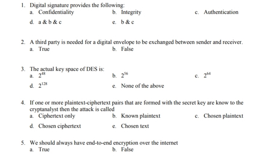 Solved 1. Digital signature provides the following: a. | Chegg.com