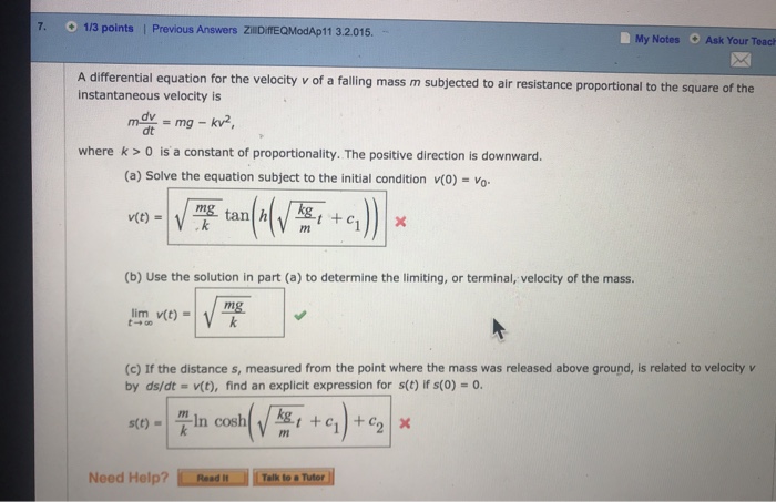 Solved A differential equation for the velocity v of a | Chegg.com