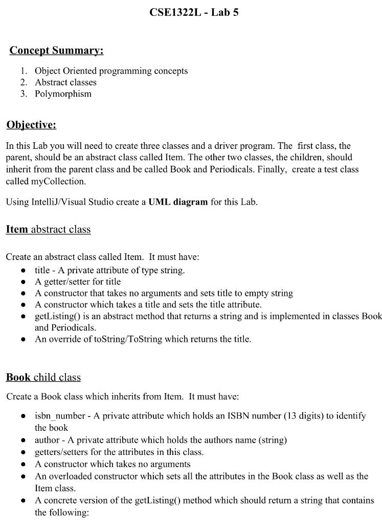 Solved CSE1322L - Lab 5 Concept Summary: 1. Object Oriented | Chegg.com