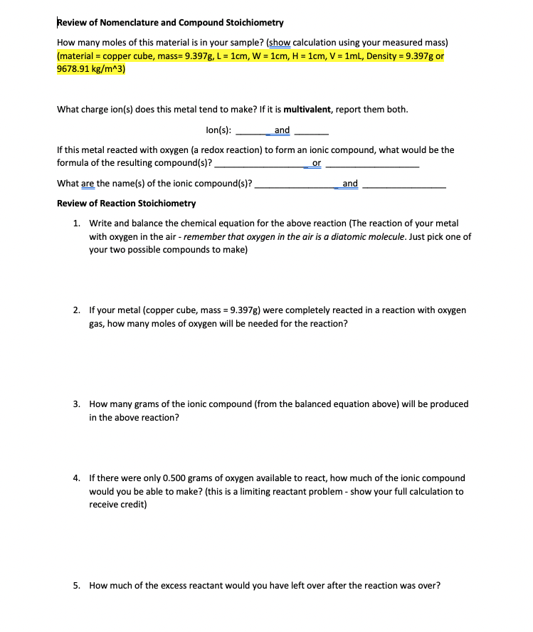 Solved Review of Nomenclature and Compound Stoichiometry How | Chegg.com