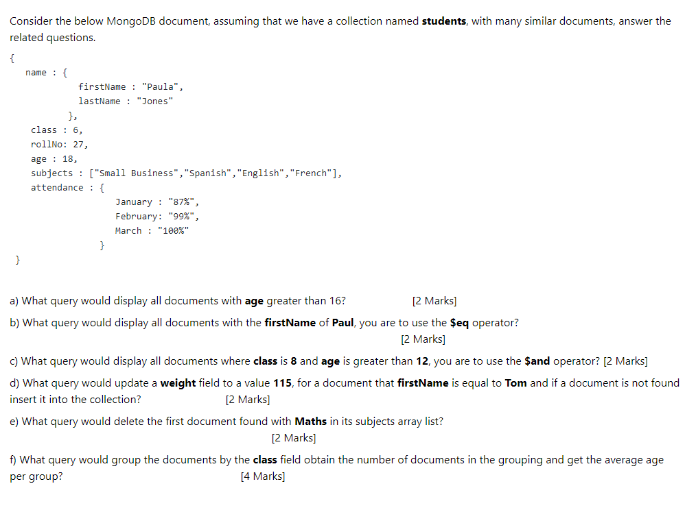 Solved Consider the below MongoDB document, assuming that we | Chegg.com