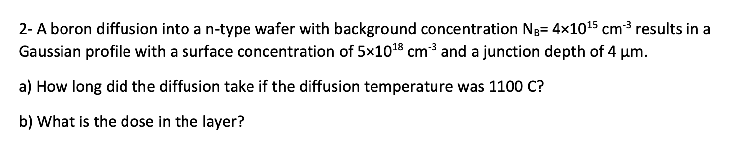 Solved 2- A boron diffusion into a n-type wafer with | Chegg.com